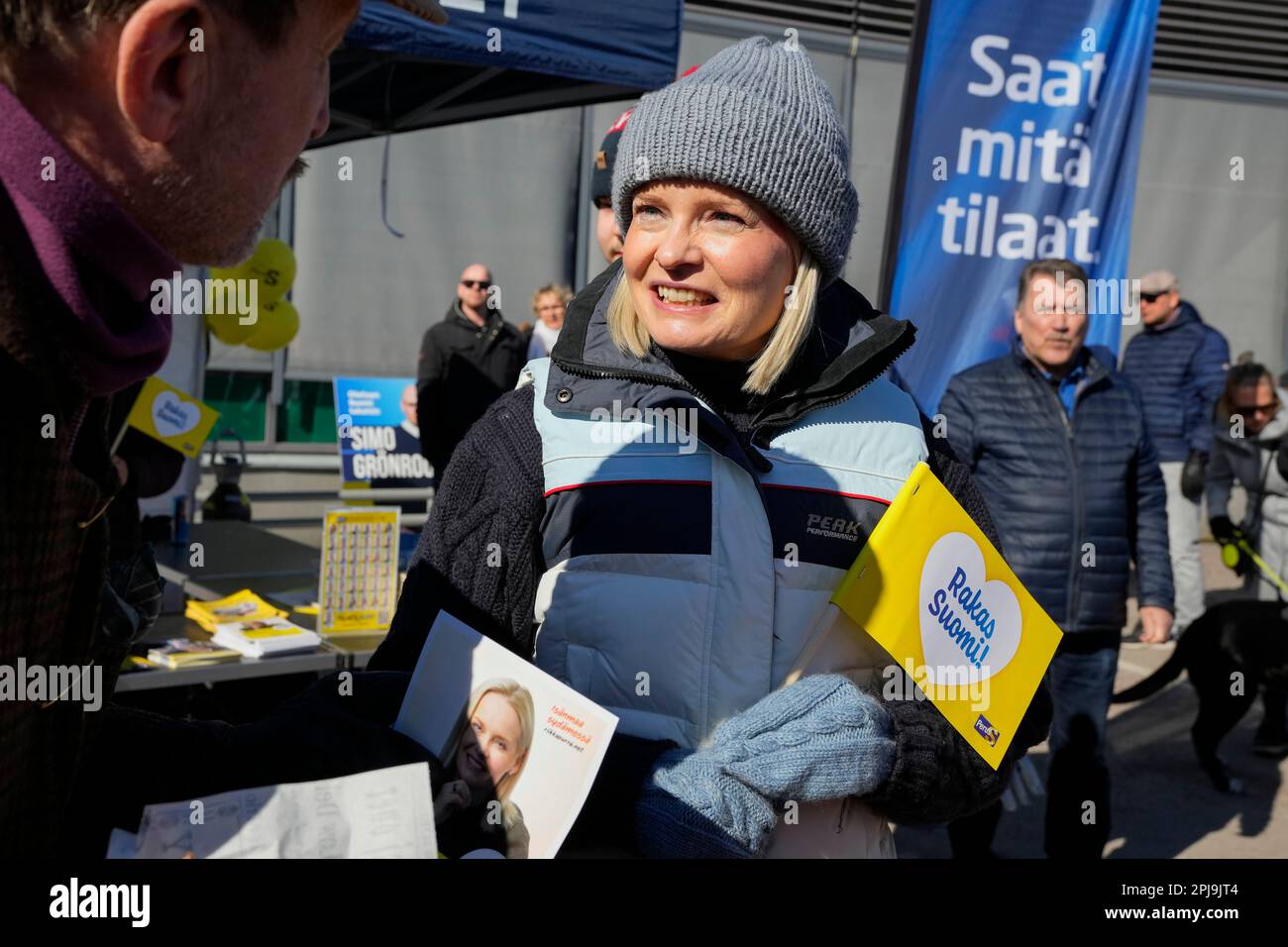 Finns Party leader Riikka Purra meets supporters during a campaign ...