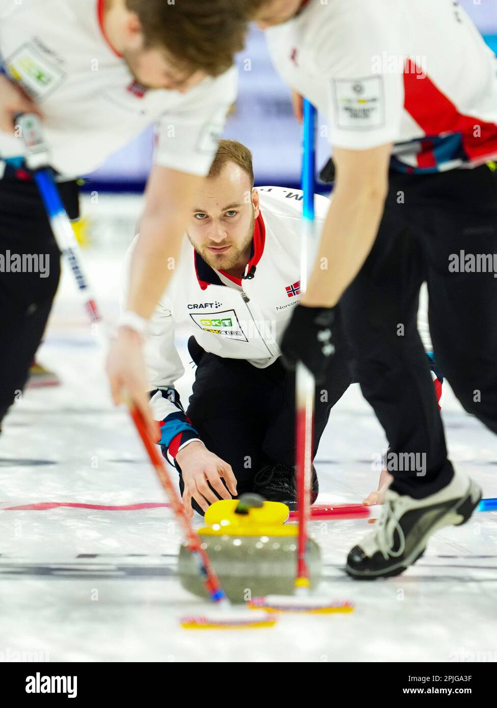 Norwegian skip Magnus Ramsfjell throws while taking on the United ...