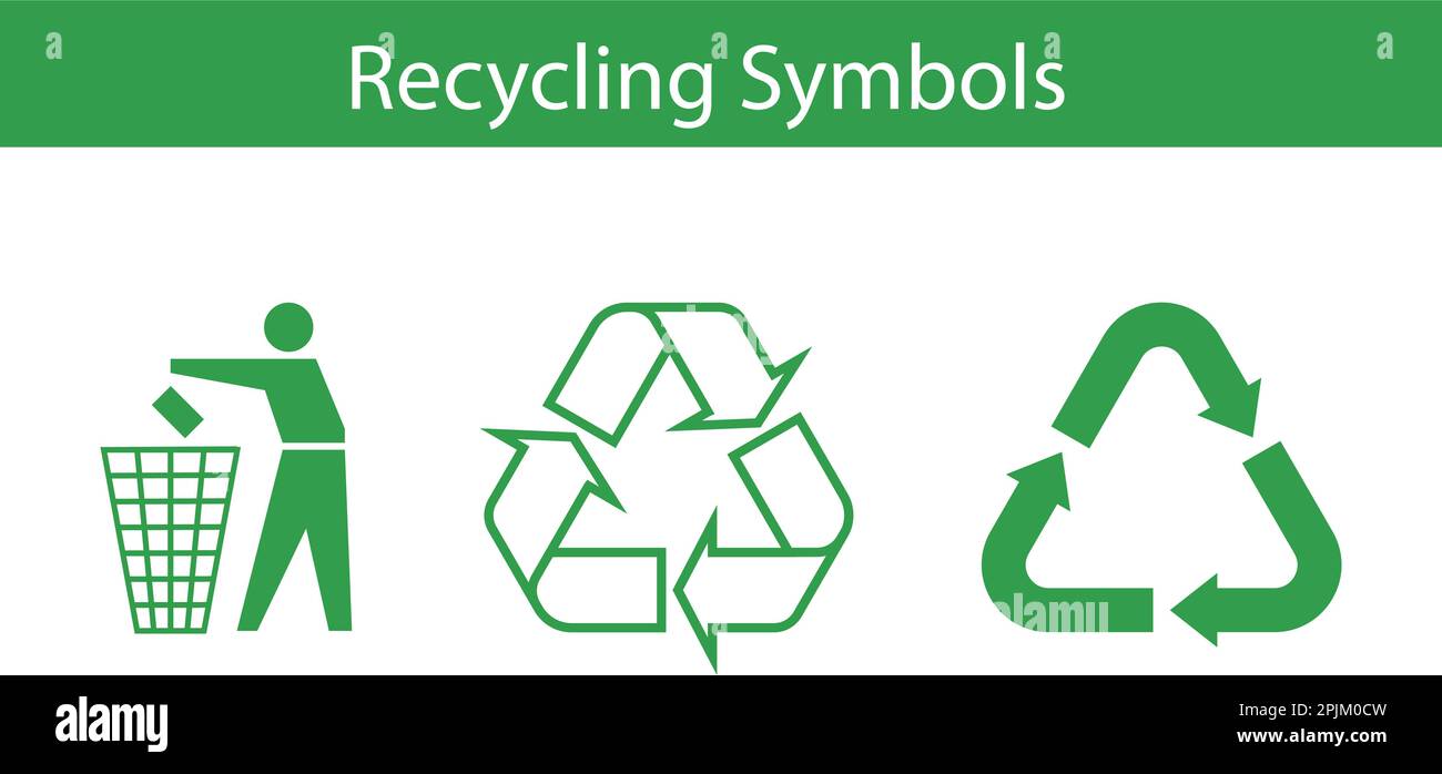 Drei Recycling-Symbol-Symbole – der aufgeräumte Mann wirft Abfall in ...