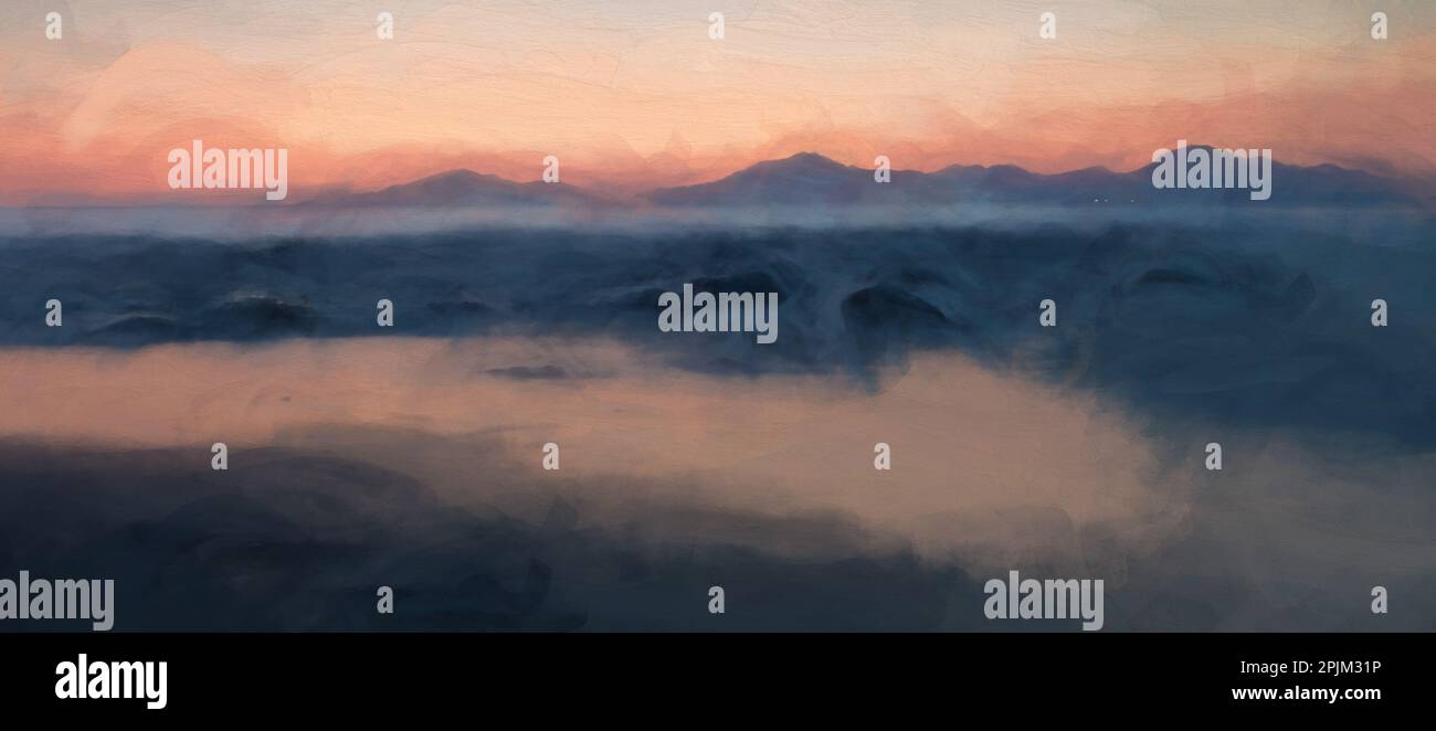 Digitale Malerei des Meeres zur goldenen Stunde, wenn die Sonne hinter ...