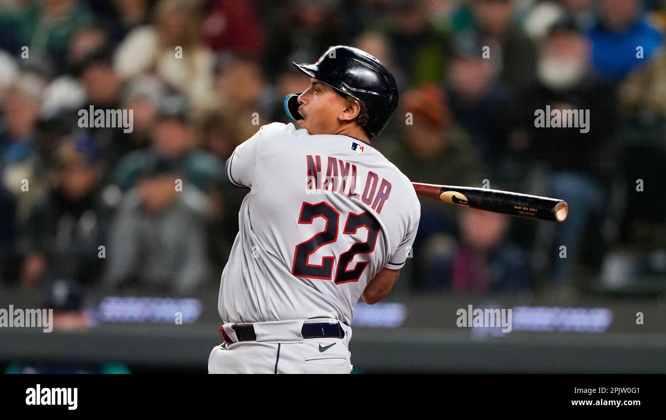Cleveland Guardians designated hitter Josh Naylor follows through on an ...