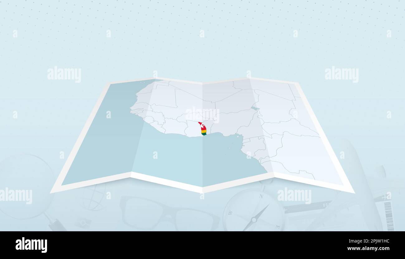 Karte von Togo mit der Flagge von Togo in der Kontur der Karte auf einem abstrakten Trip ...