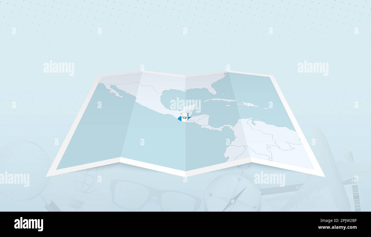 Karte von Guatemala mit der Flagge Guatemalas im Umriss der Karte vor einem abstrakten ...