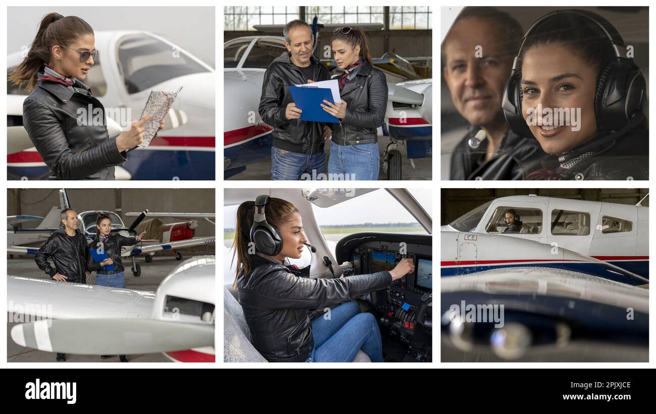 Porträt einer attraktiven jungen Pilotin mit Headset im Cockpit des ...