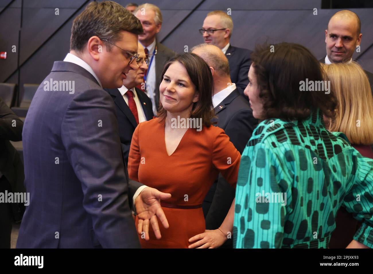 Ukraine's Foreign Minister Dmytro Kuleba, left, speaks with Germany's ...