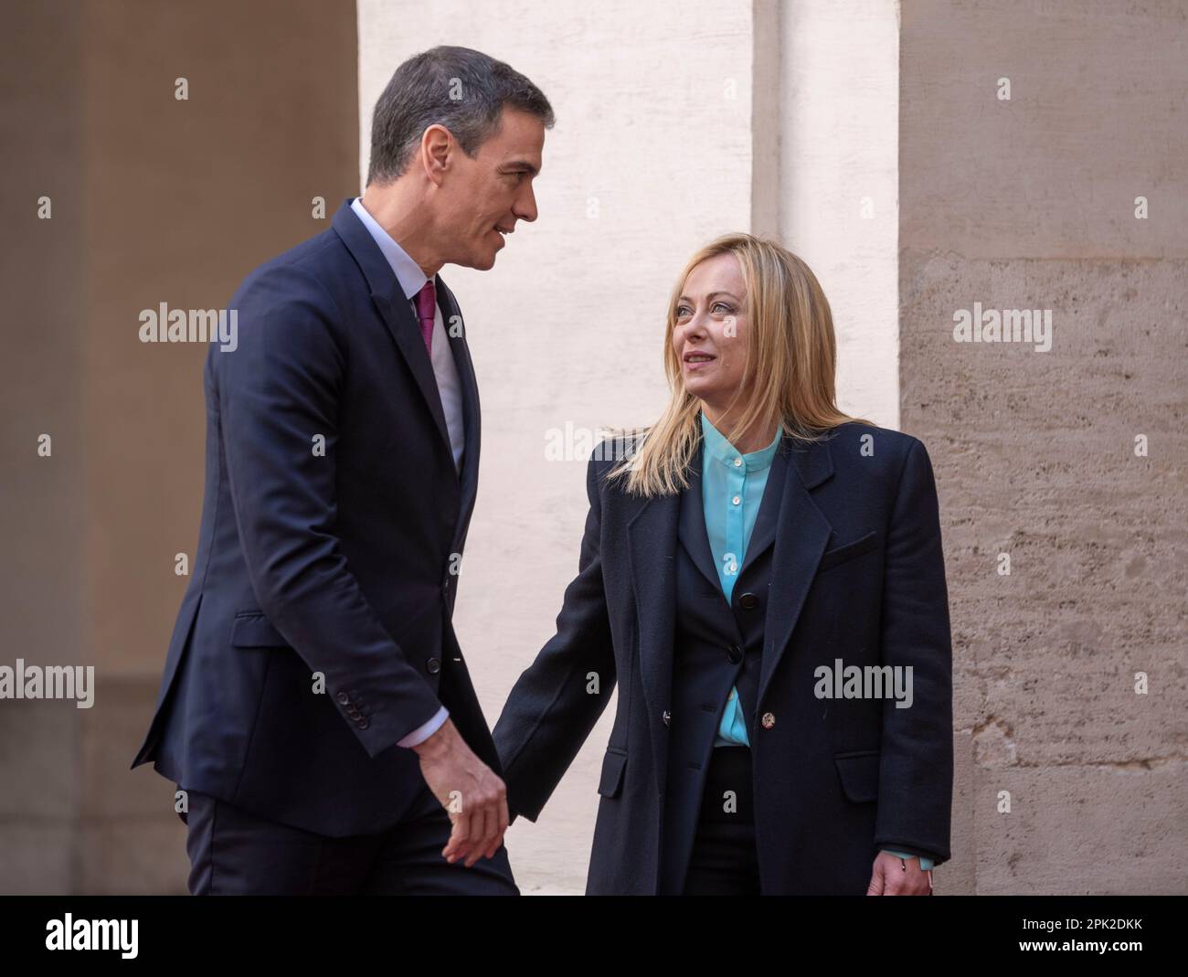 Spain's Prime Minister Pedro Sanchez, left, arrives to meet Italian ...