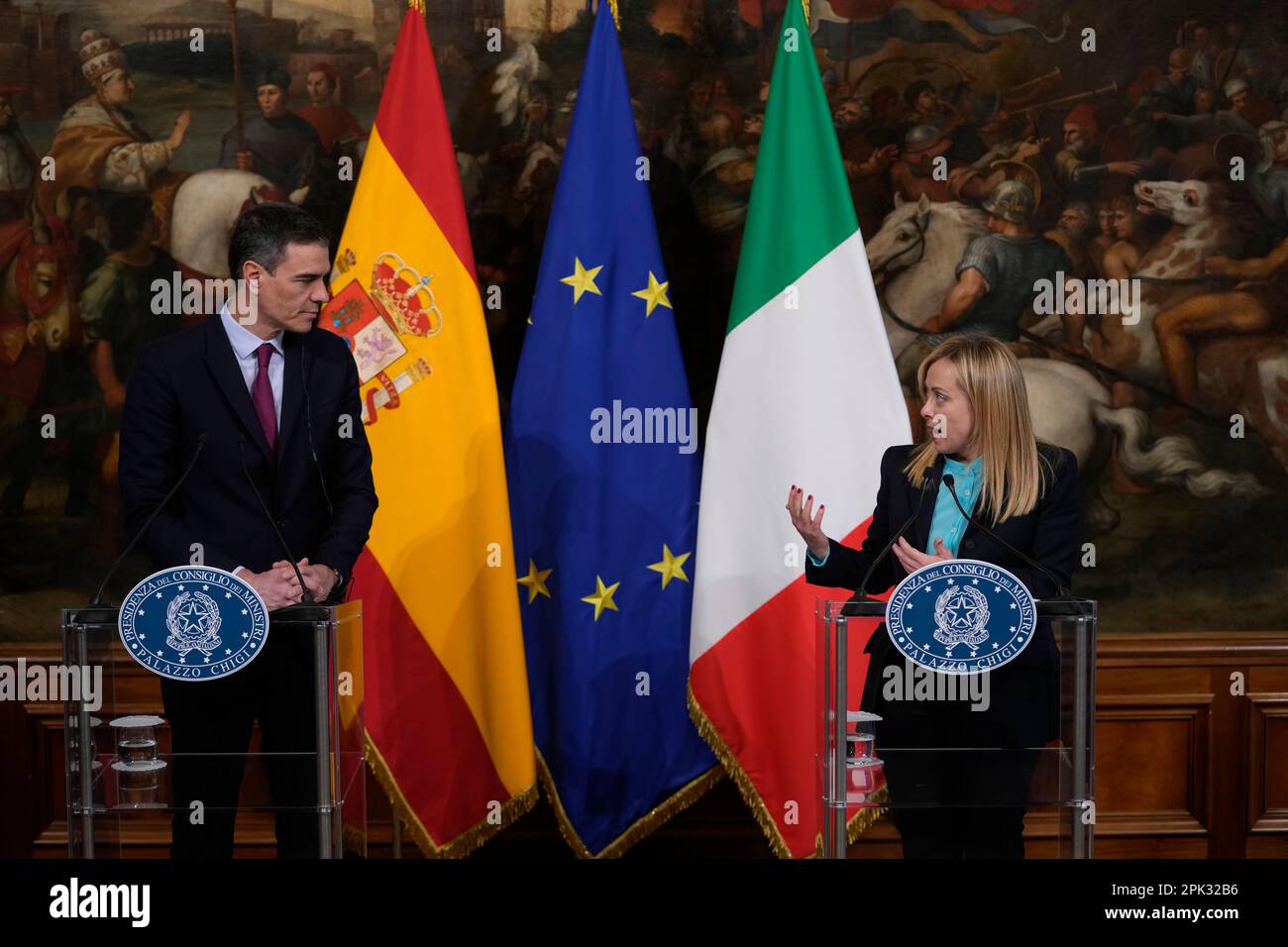 Spain's Prime Minister Pedro Sanchez, left, and Italian Premier Giorgia ...