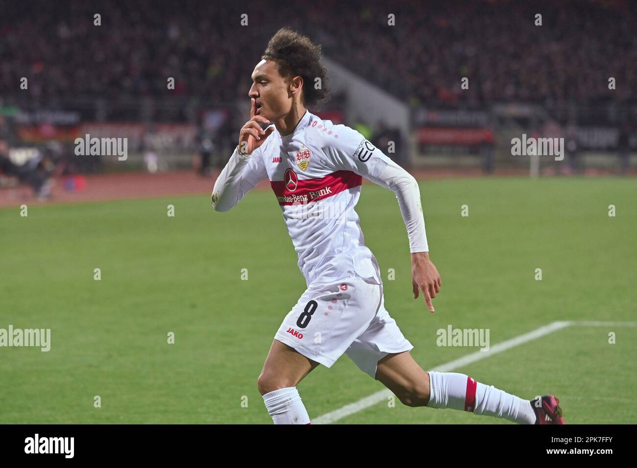 Nürnberg, Deutschland. 05. April 2023. Goaljubel Enzo MILLOT (VFB Stuttgart) nach dem Tor zu 0-1 ...