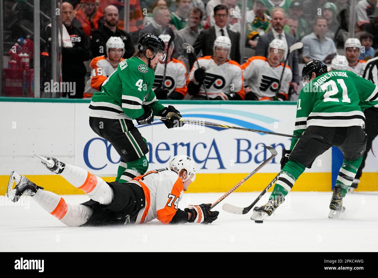Philadelphia Flyers right wing Owen Tippett (74) dives while attempting ...