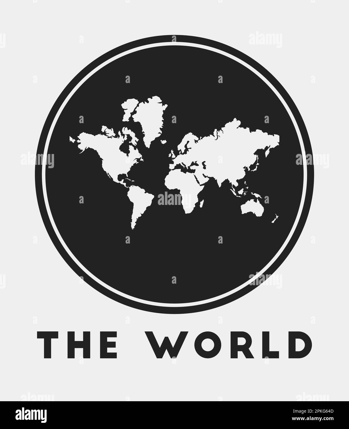 Das Weltsymbol. Rundes Logo mit Karte und Titel. Stilvolles „The World ... Das Weltsymbol. Rundes Logo mit Karte und Titel. Stilvolles „The World ...