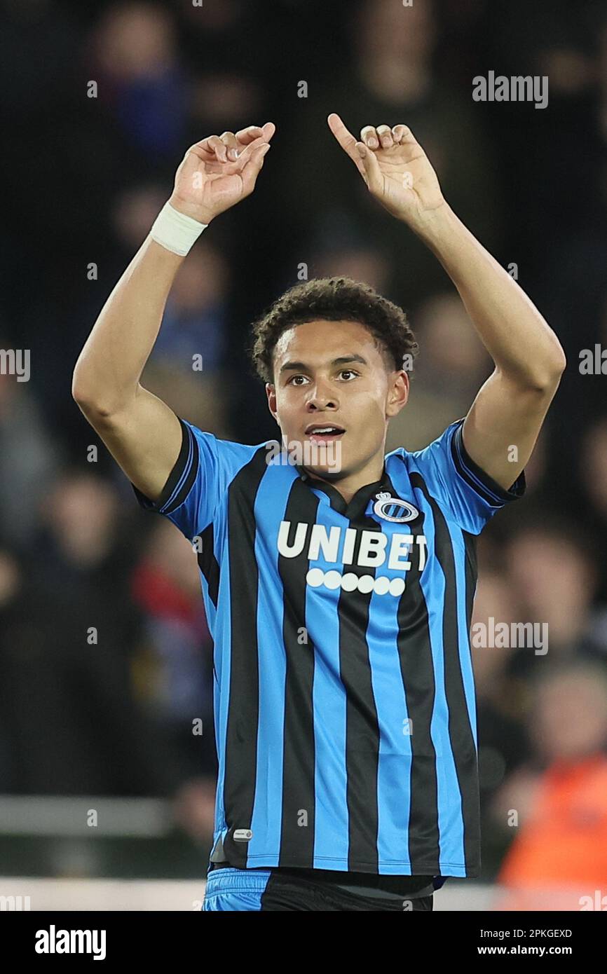 Brügge, Belgien. 07. April 2023. Antonio Nusa des Clubs feiert seine ...