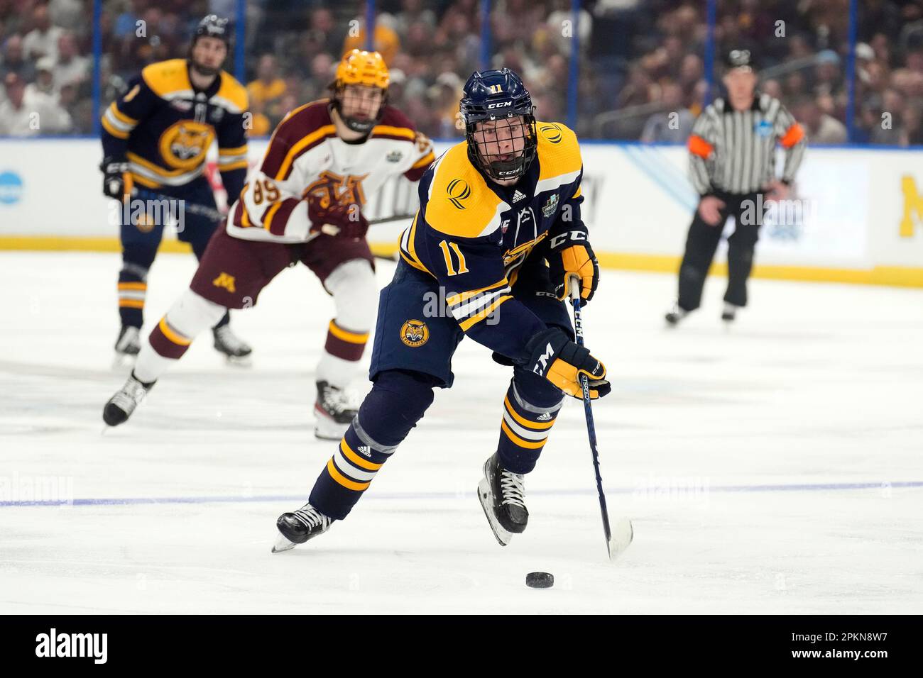 Quinnipiac forward Collin Graf (11) breaks up the ice against Minnesota ...