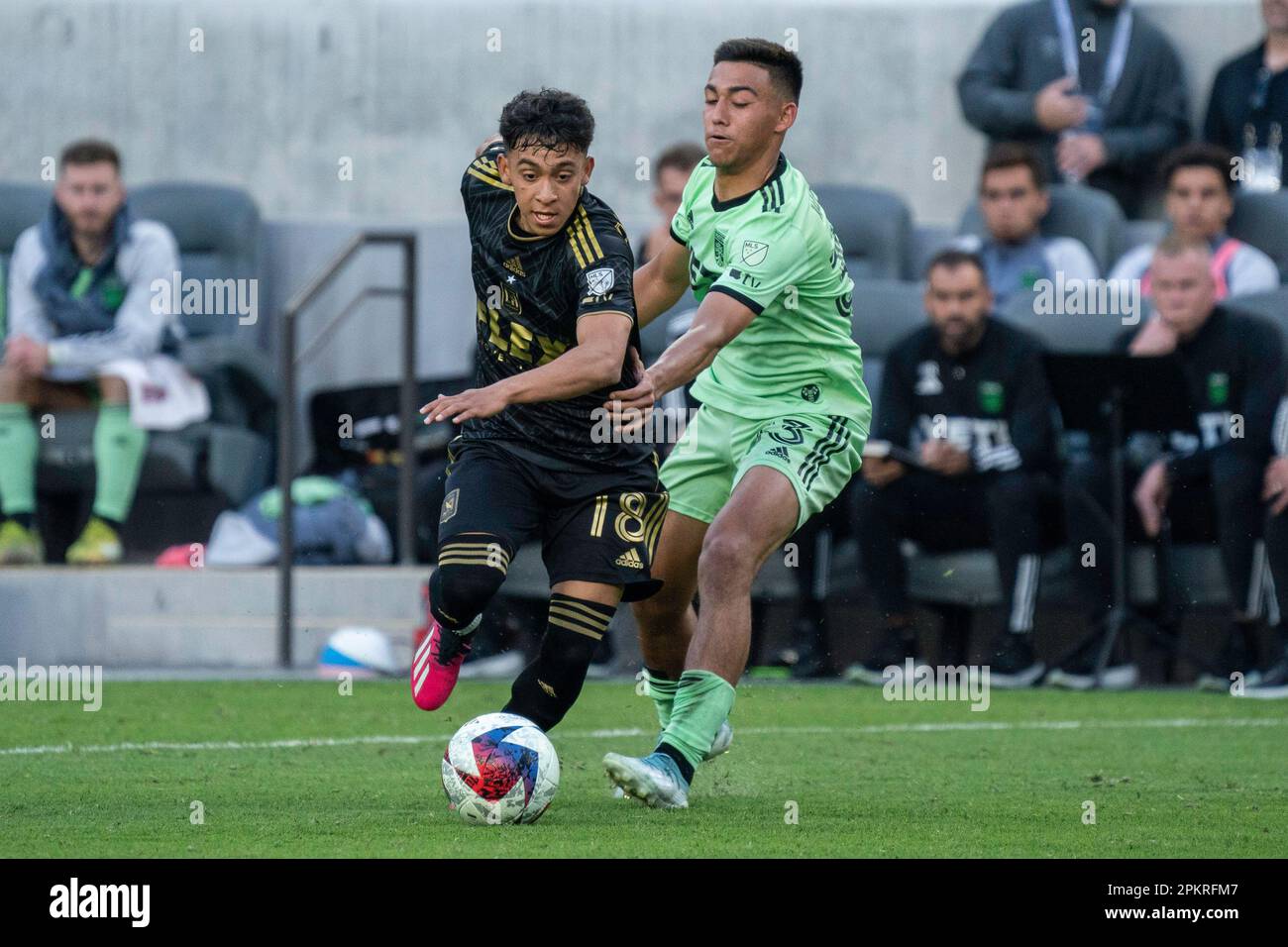 Der LAFC-Verteidiger Erik Dueñas (18) kommt während eines MLS-Spiels am Samstag, den 8. April ...