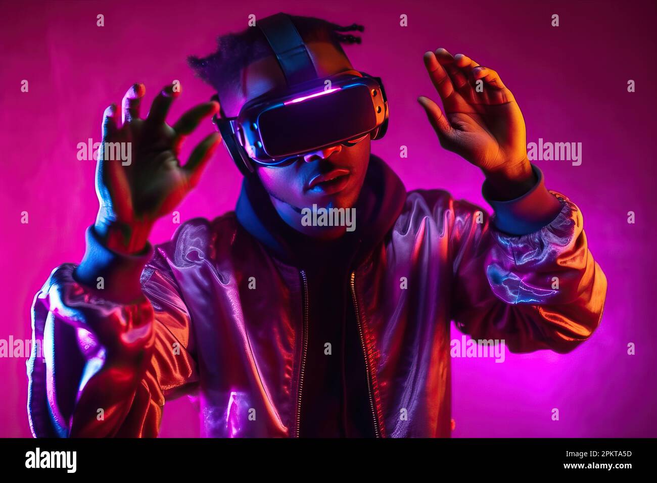 Ein Typ mit afrikanischem Aussehen trägt eine VR-Brille, ein Typ mit VR ...