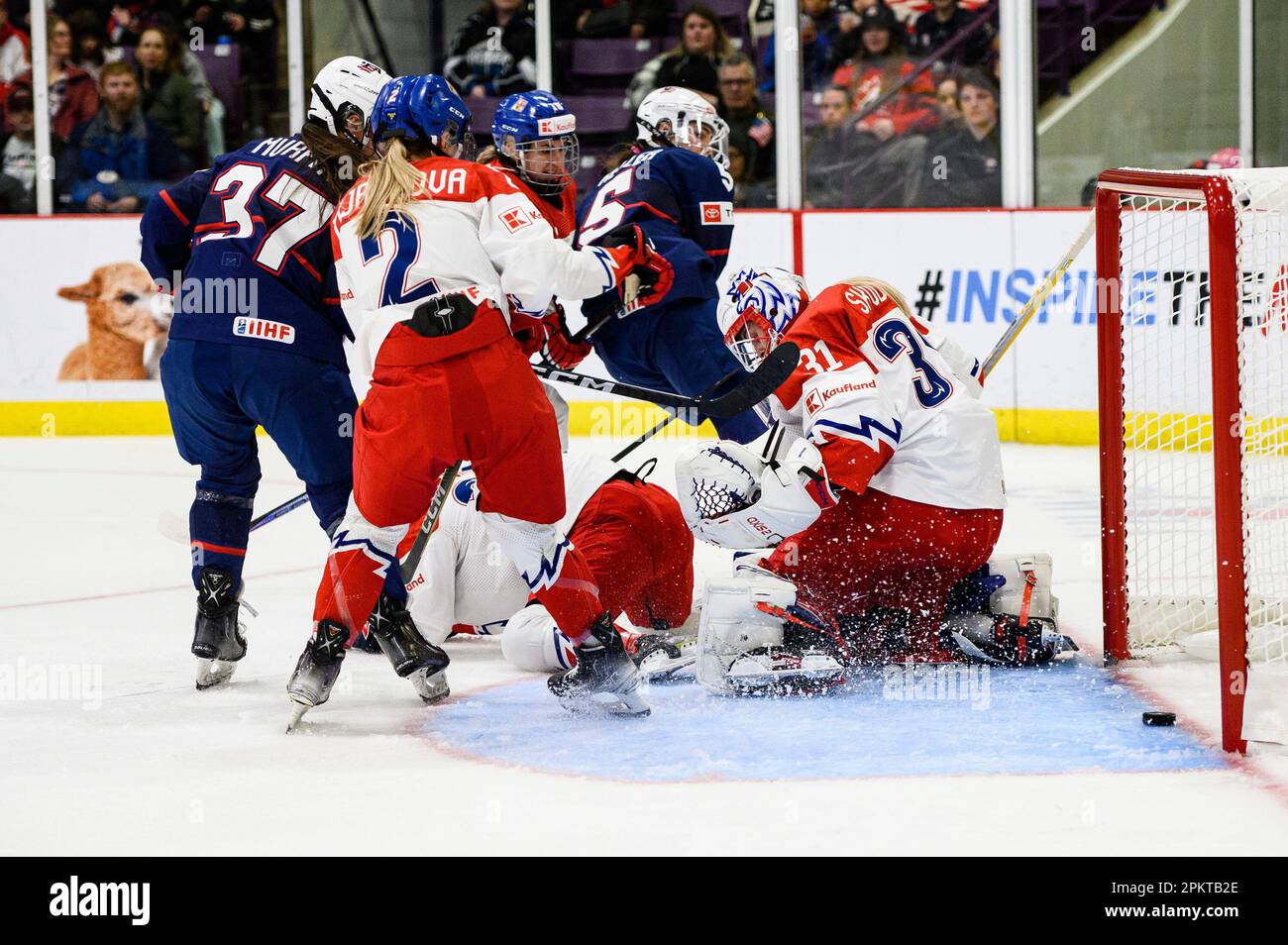 USA forward Abbey Murphy (37) attempts to score on Czechia goaltender ...