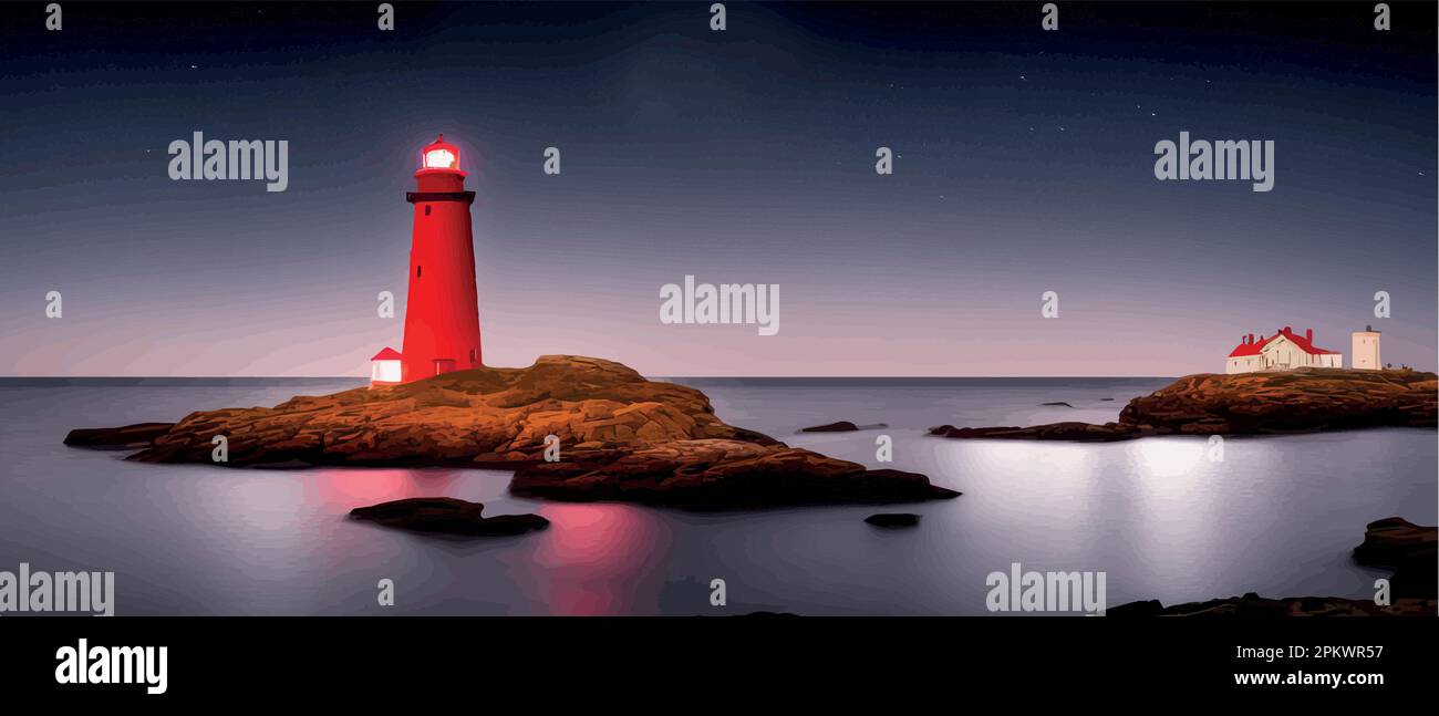 Rot mit weißem Leuchtturm am Meer bei Nacht im Sommer. Landschaftsblick ...