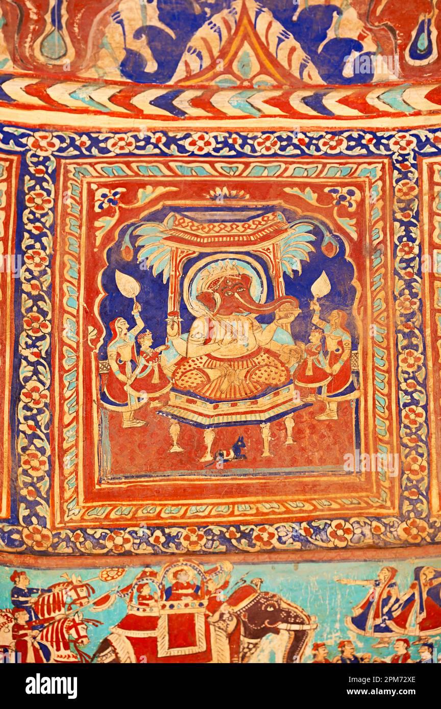 Mythologische Gemälde an der Deckenkuppel von Seth RAM Gopal Poddar Chhatri. 500 Wandbilder, die ...