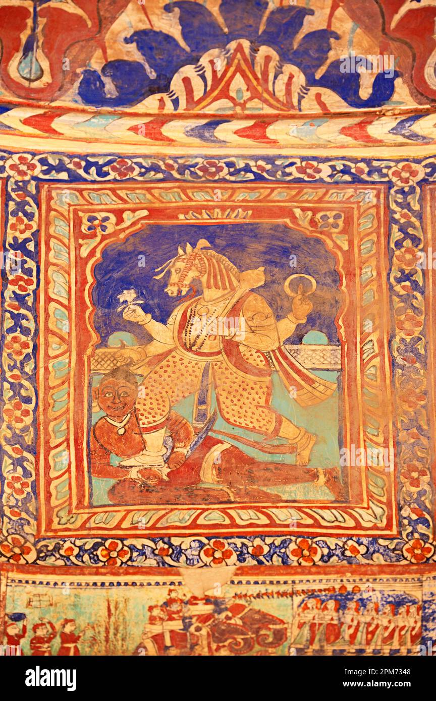 Mythologische Gemälde an der Deckenkuppel von Seth RAM Gopal Poddar Chhatri. 500 Wandbilder, die ...