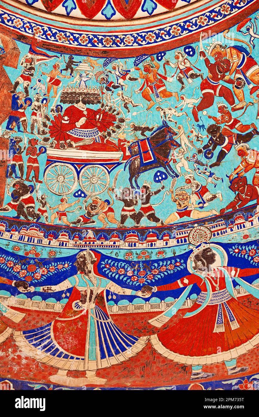 Mythologische Gemälde an der Deckenkuppel von Seth RAM Gopal Poddar Chhatri. 500 Wandbilder, die ...