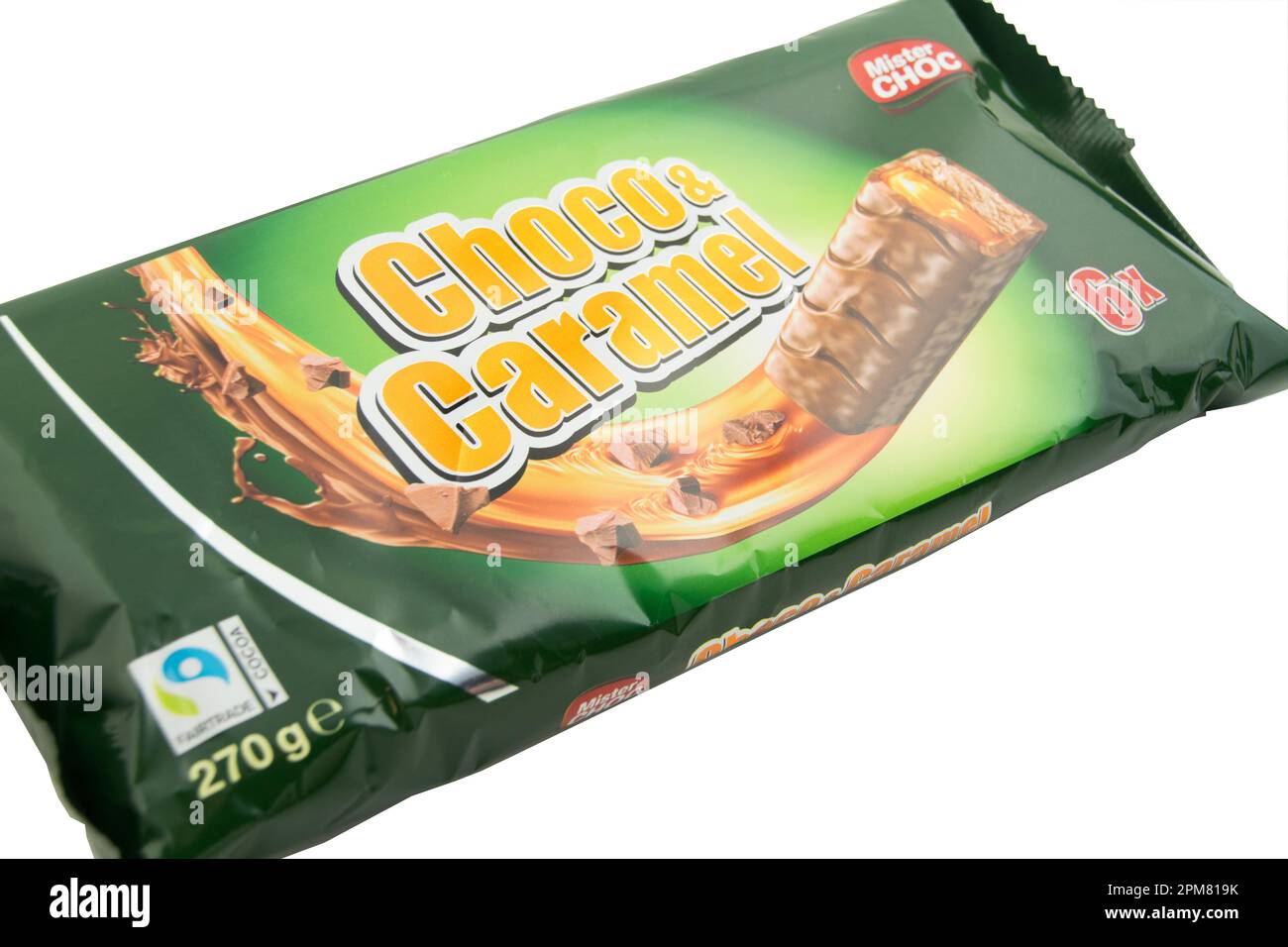 6 Schoko-Karamellriegel Mister Choc auf weißem Hintergrund ...