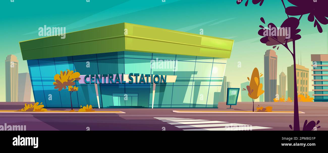 Hauptbahnhof für Bus oder Zug. Vector Cartoon Cityscape mit modernem ...