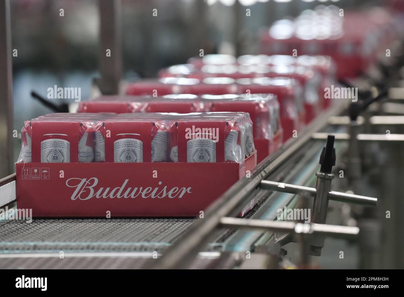 SUQIAN, CHINA - 12. APRIL 2023 - eine automatisierte Produktionslinie für Budweiser Bier wird in ...