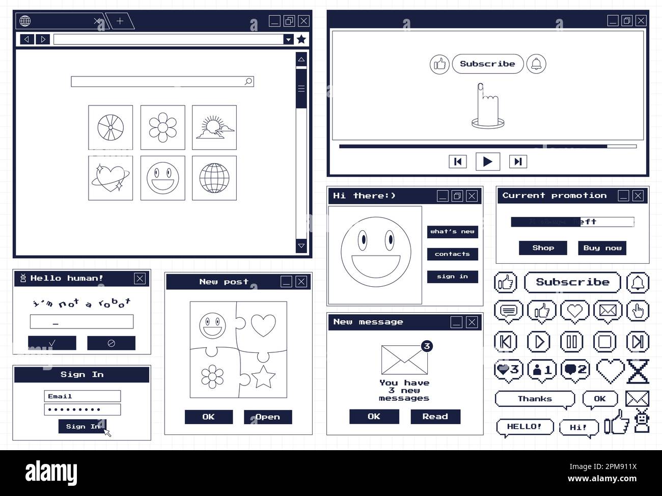 Große Reihe von Retro-Desktop-Browser und Dialogfenster. Nette 80s 90s alte Computer ...