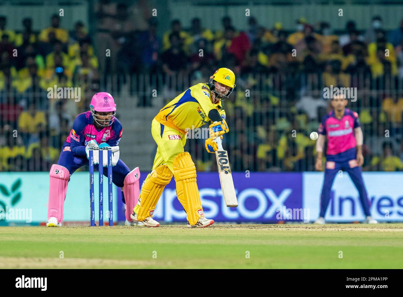 Devon Conway of Chennai Super Kings plays a shot during the Indian Premier League (IPL) cricket ...