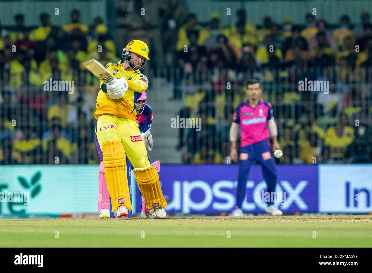 Devon Conway of Chennai Super Kings plays a shot during the Indian Premier League (IPL) cricket ...