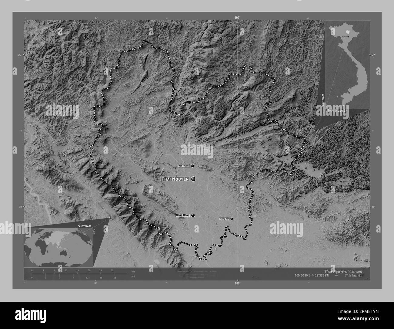 Thai Nguyen, Provinz Vietnam. Grauskala-Höhenkarte mit Seen und Flüssen ...