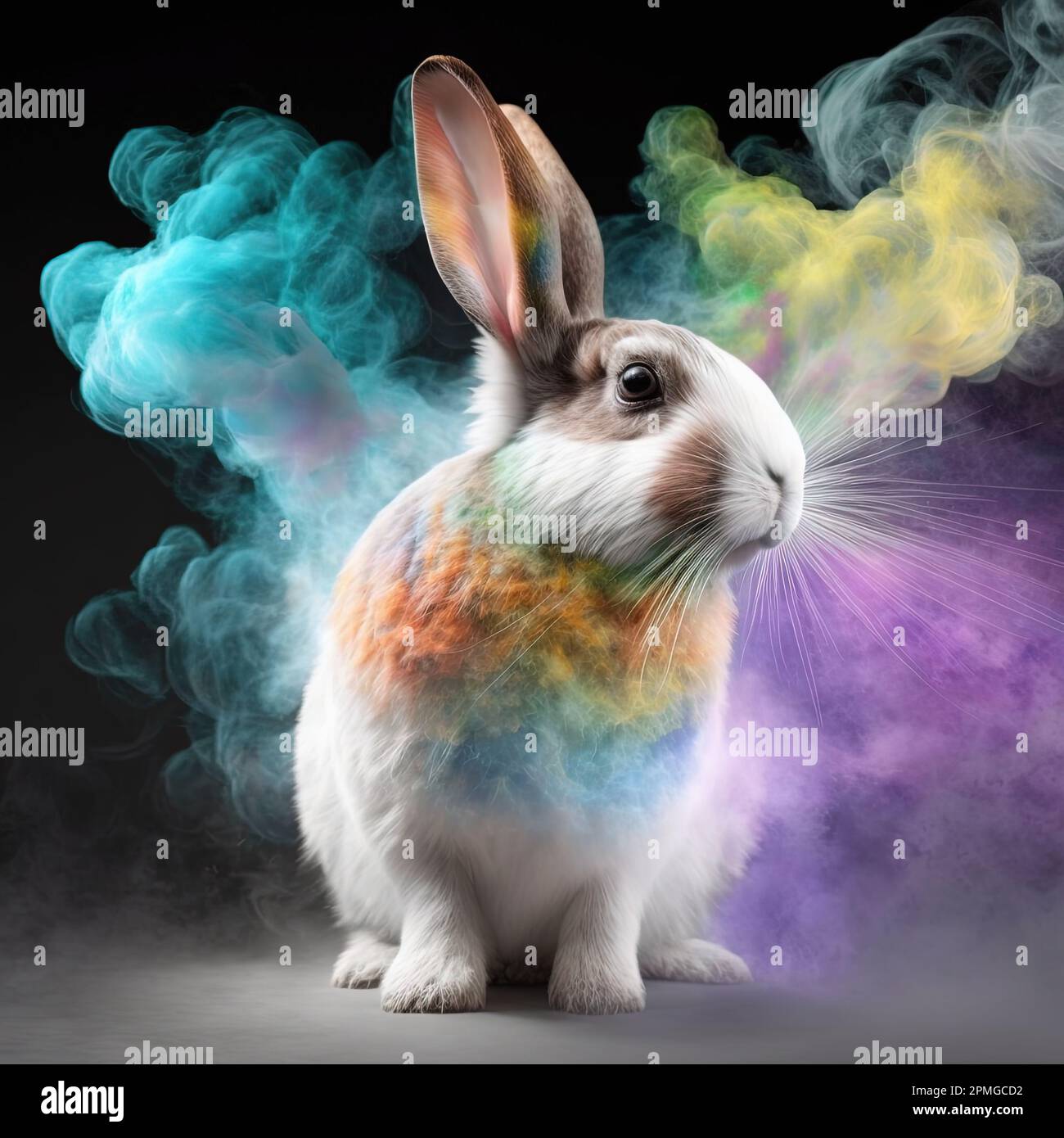 Dieses Gemälde zeigt ein niedliches Häschen, umgeben von farbenfrohem ...