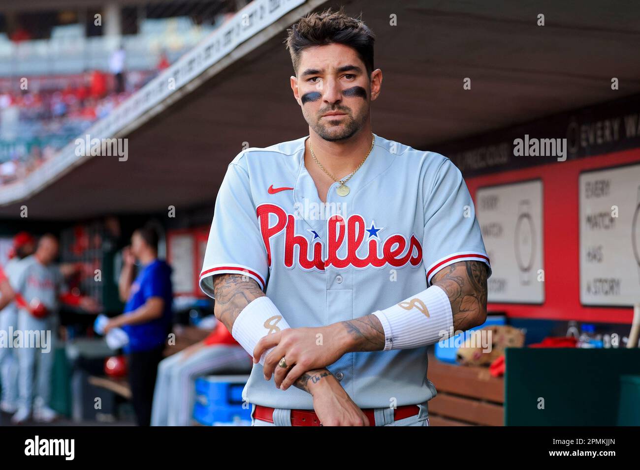 Philadelphia Phillies' Nick Castellanos stands in the dugout during a ...