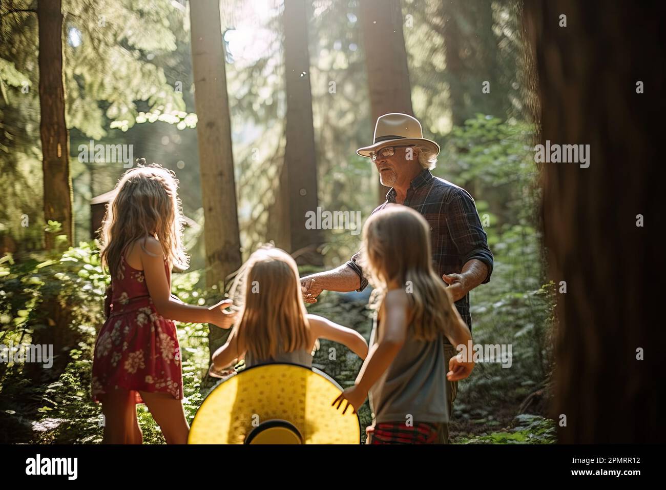 Drei Kinder, die im Wald spielen, mit einem Mann mit einer gelben frcfx ...
