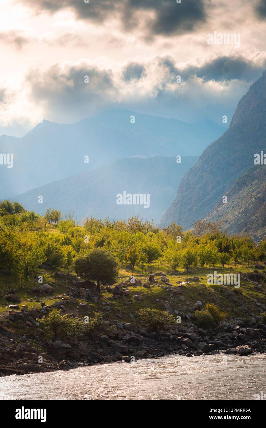 Ein wunderschöner Blick auf Bäume mit einem Fluss im Vordergrund und die Berge im Hintergrund ...