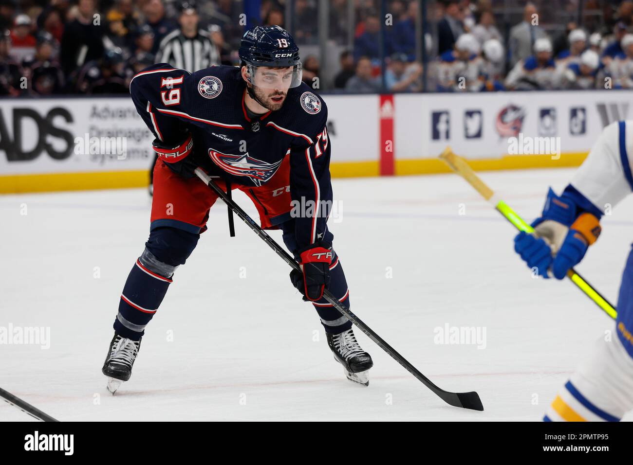 Columbus Blue Jackets' Liam Foudy plays against the Buffalo Sabres ...