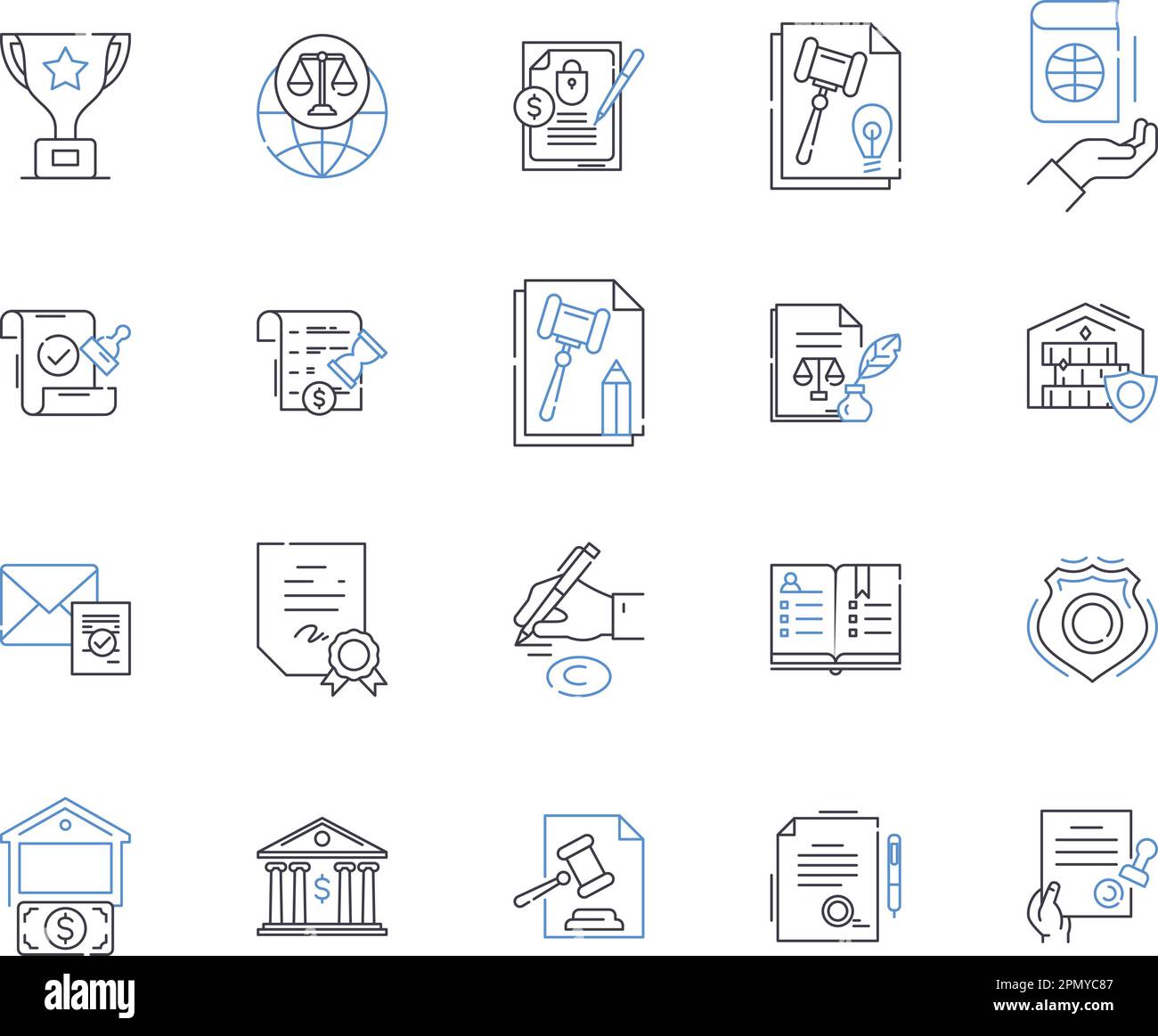 Symbolsammlung für Regelkontur. Anwalt, Anwalt, Urteil, Vorschriften ...