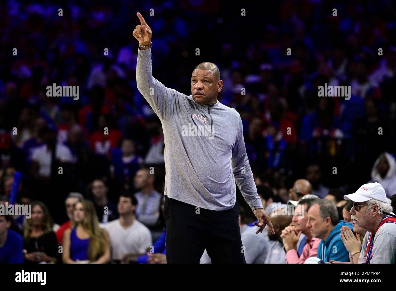 Philadelphia 76ers head coach Doc Rivers calls a play in the second ...