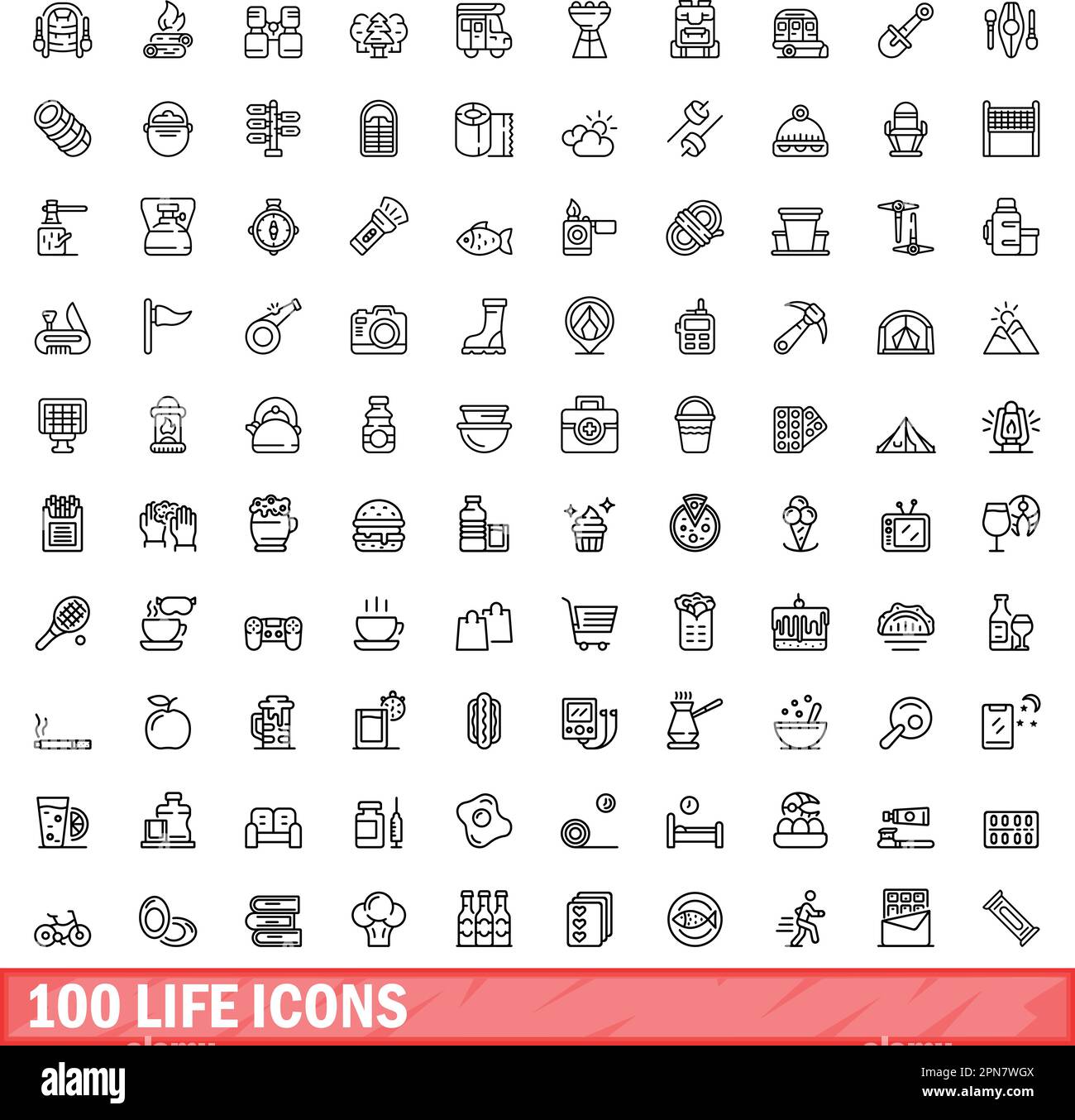 100 Life-Symbole eingestellt. Umrissdarstellung von 100 Lebenszeichen ...