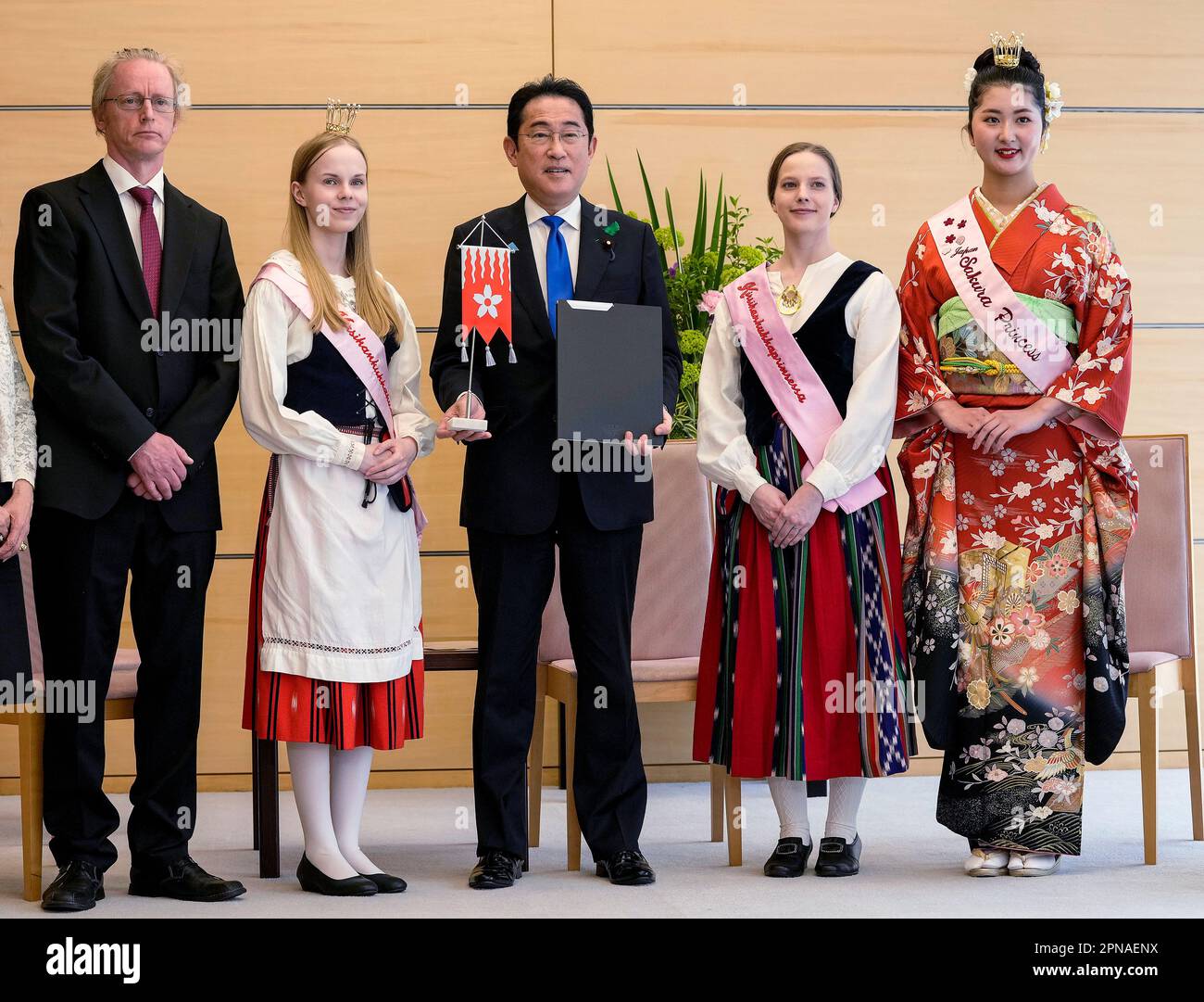 Finnish Sakura (cherry blossom) Queen Ella Saarenko, second left, Princess Elina Vanhatalo ...