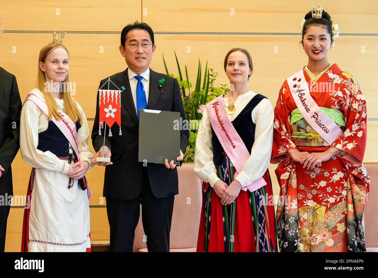 Finnish Sakura (cherry blossom) Queen Ella Saarenko, second left, Princess Elina Vanhatalo ...