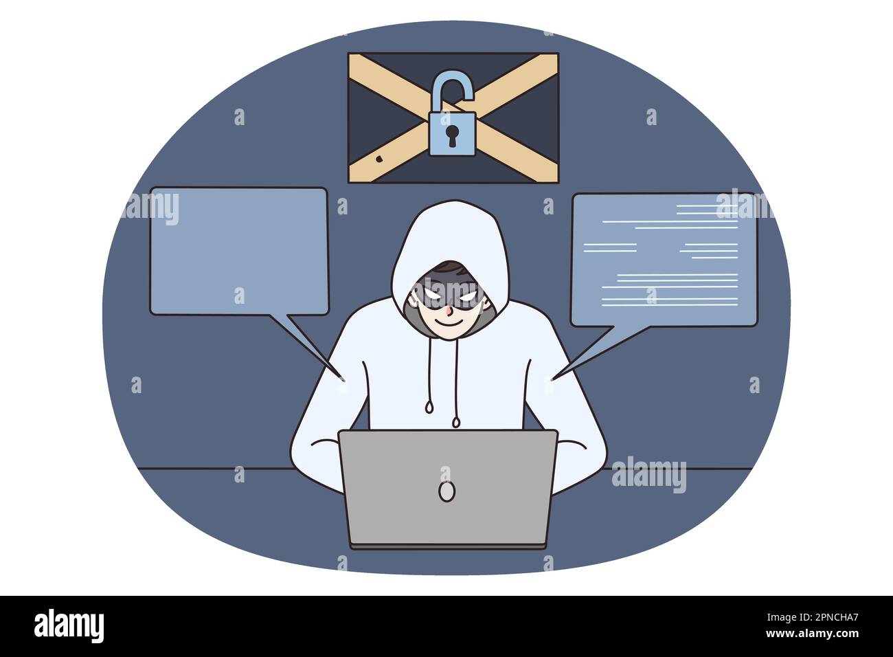 Männliche Hacker in Haube und Maske verwenden Laptop stehlen persönliche Daten im Internet. Mann ...