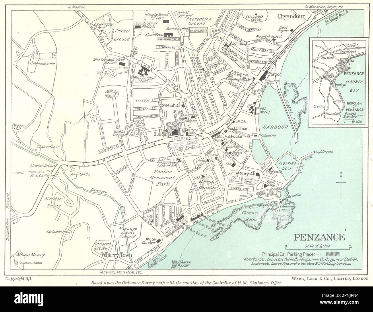 PENZANCE Oldtimer-Stadtplan. Cornwall. WARD LOCK 1952 alte Karte ...