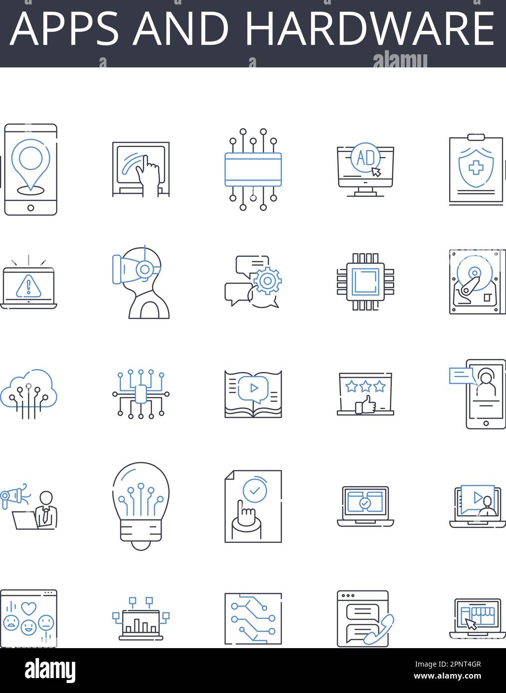 Symbolsammlung für Apps und Hardware. Software und Technologie, Essen ...