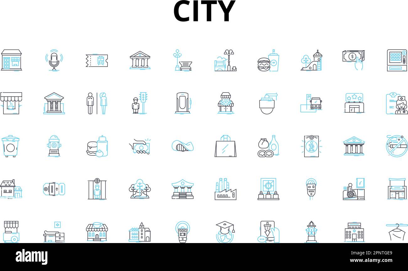 Lineare Symbole für Stadt festgelegt. Wolkenkratzer, Kultur, Küche ...