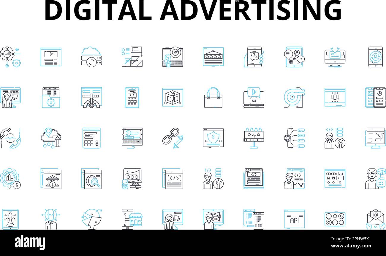 Lineare Symbole für digitale Werbung. Targeting, Strategie, Optimierung ...
