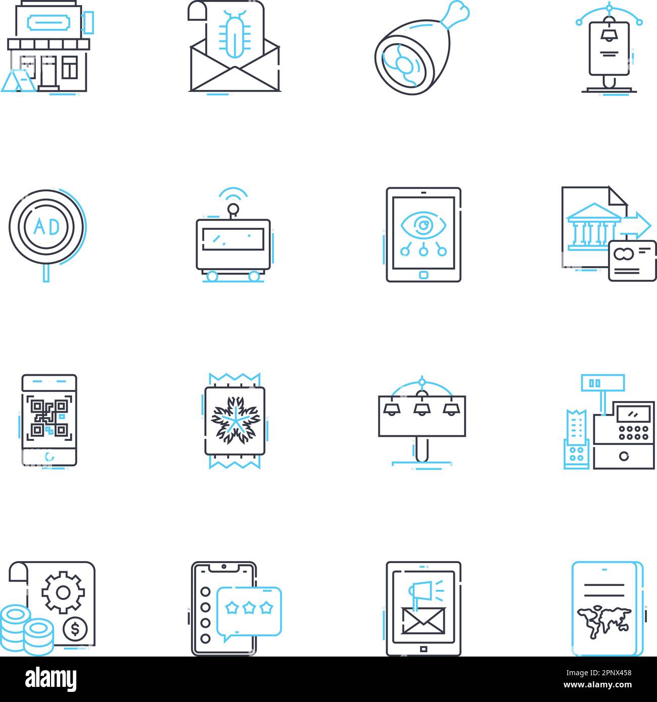 Essen mit linearen Symbolen. Festmahl, Küche, Gourmet, Buffet, Bistro ...