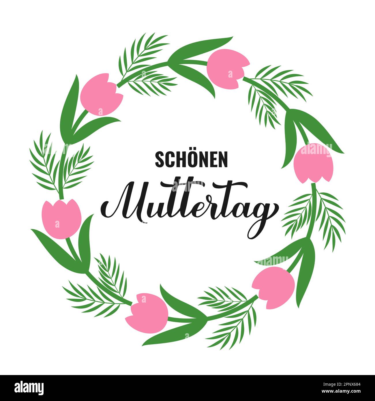 Happy Mütters Day Kalligraphie-Schriftzug in deutscher Sprache. Kranz ...