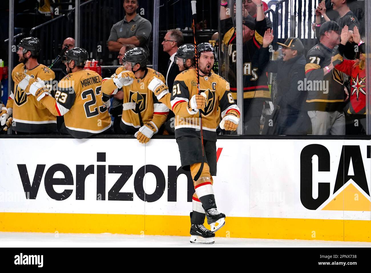 Vegas Golden Knights right wing Mark Stone (61) is congratulated for ...