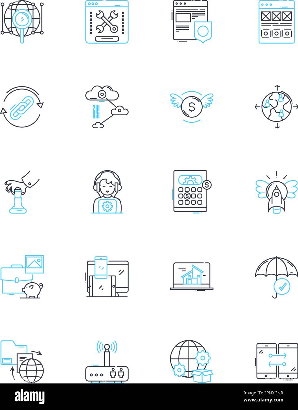 Lineares Symbolset für Websitedesign. Ästhetik, Funktionalität, Navigation ...