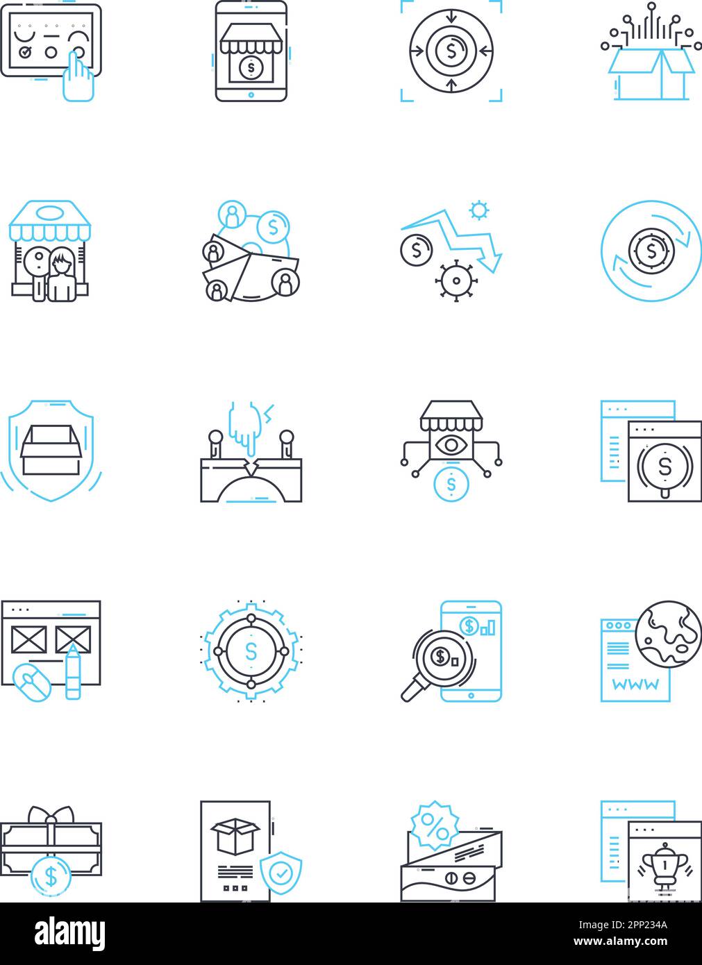 Lineare Symbolgruppe für Verkäuferprodukte. Ware, Rohstoffe, Bestand ...